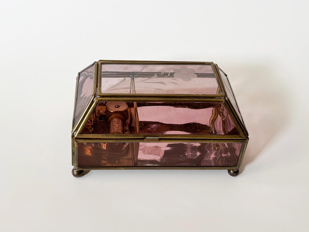 Vintage Pink Glass Musical Jewelry Box: Etched Cornflower, Plays Minuet ...