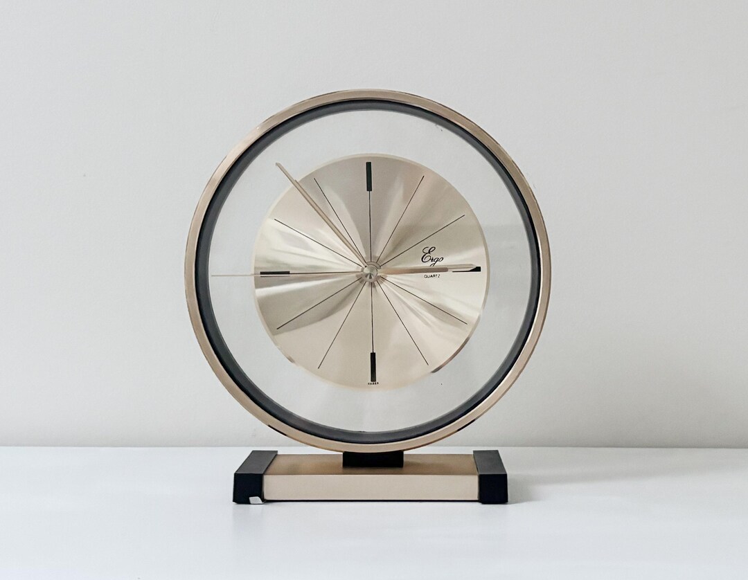 Vtg Brushed Brass Ergo Clock W/ Round Face & Glass Case on Brass Stand ...