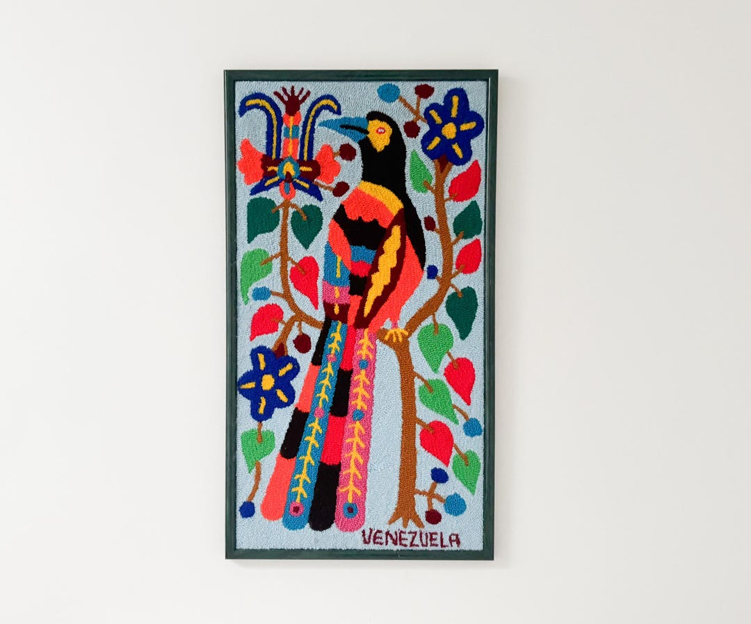 Vtg Colourful Parrot Punch Needle Wall Hanging Handmade Folk Art ...