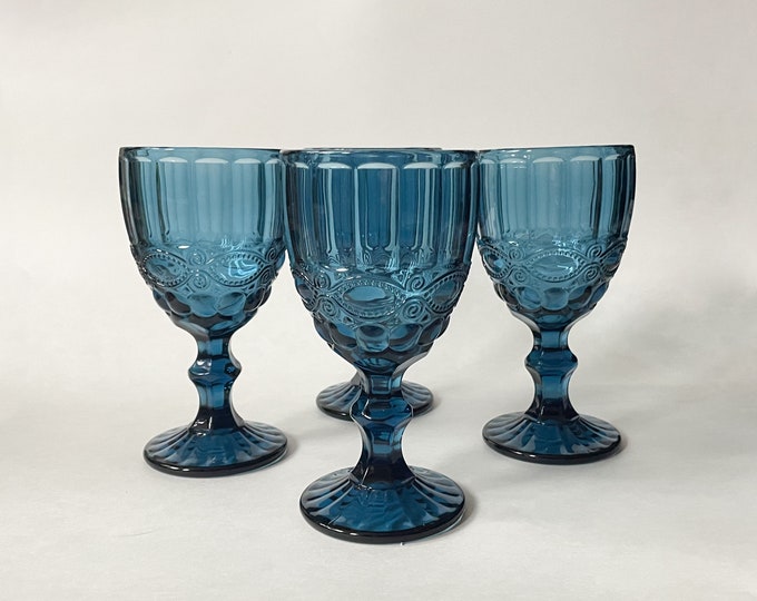 Vtg Blue Wine Goblets W/ Pressed Decorative Design & Ball Stem Vintage ...