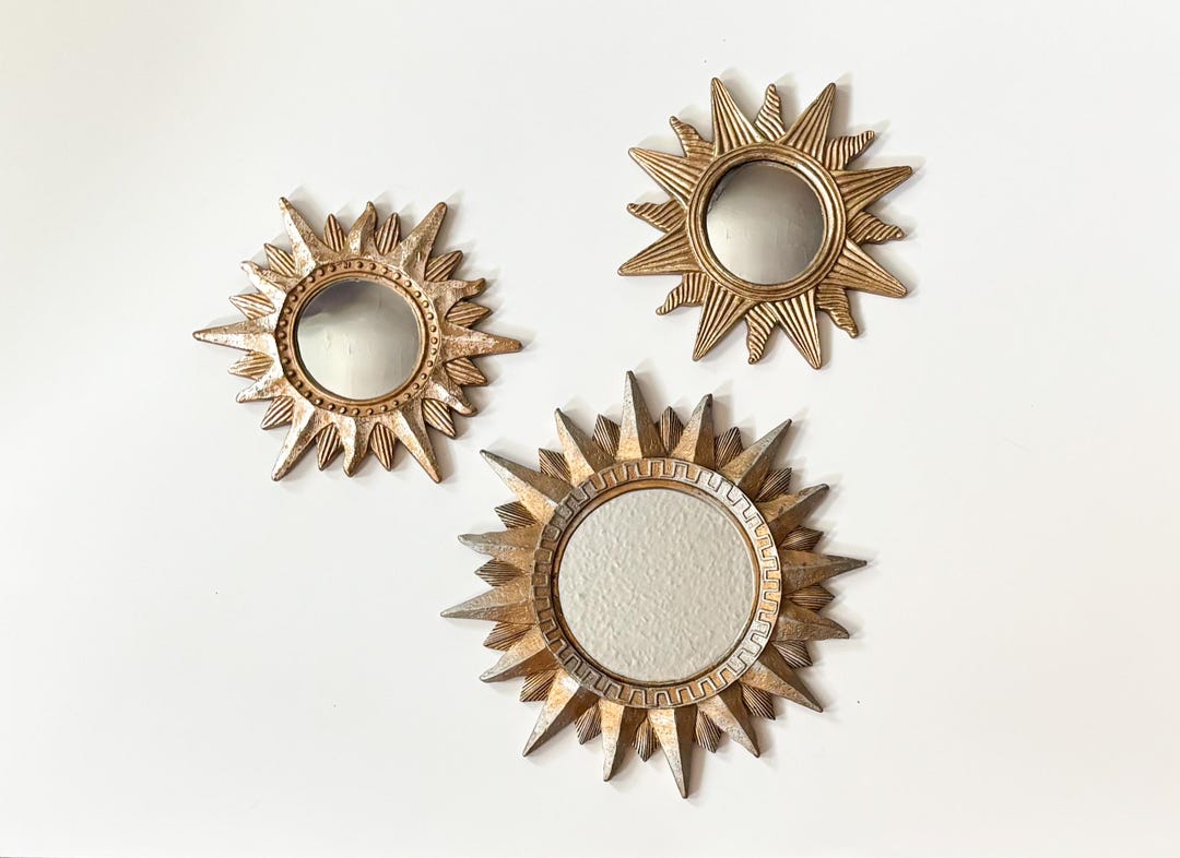 Vtg Sun Accent Mirror Set W/ Convex & Regular Glass Small Gold Sunburst ...