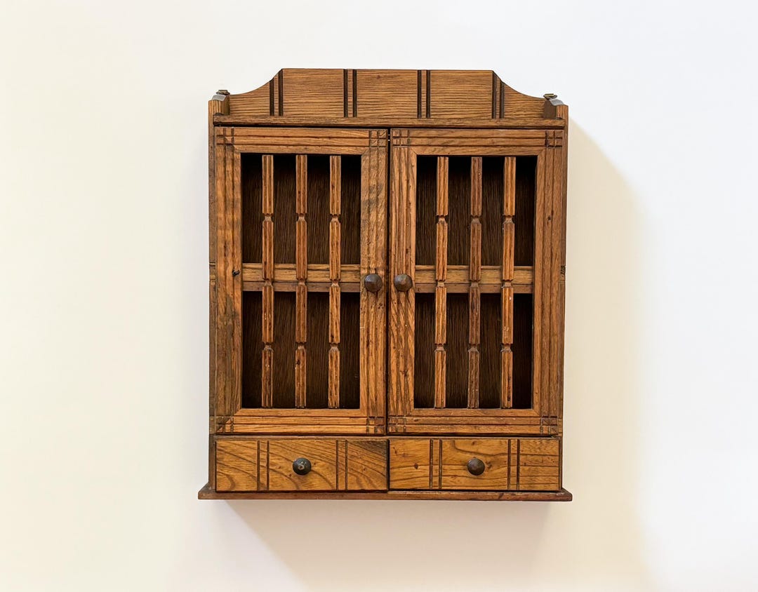 Vtg Wood Spice Cabinet Wall Mounted Solid Wood W/ Drawers & Openwork ...