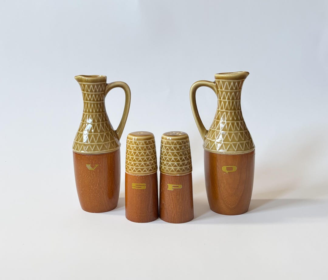 MCM Cruet Set Salt Pepper Shakers + Oil & Vinegar Pitchers Textured Ceramic and Wood, 4pc Set - Etsy
