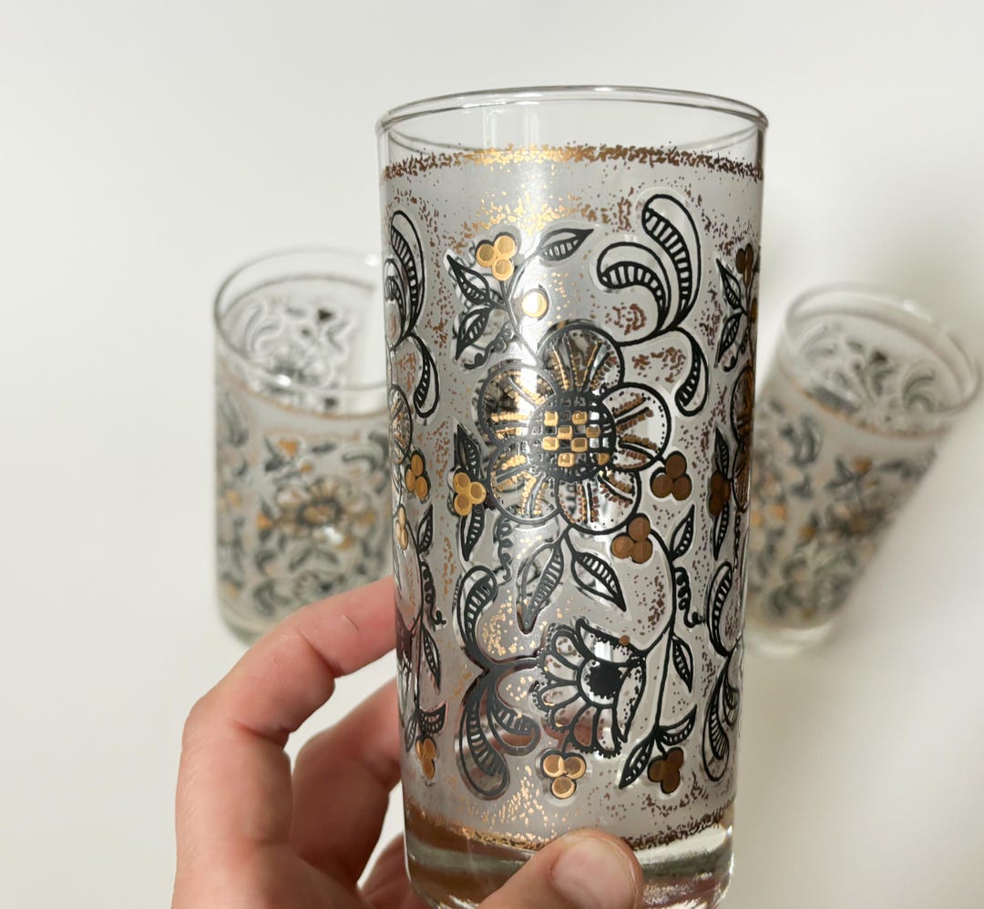 Vtg Black & Gold Folk Art Floral Highball Glasses Libbey Elcyda Glassware 4pc Set - Etsy