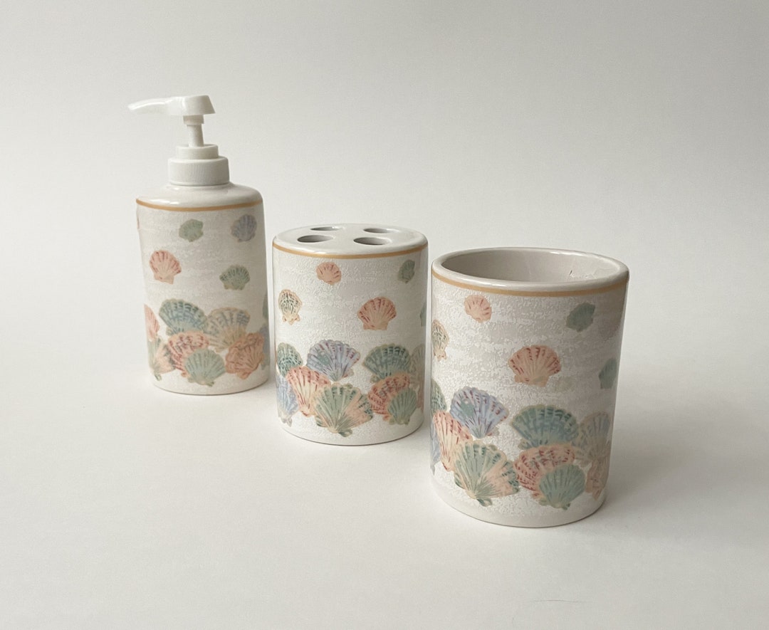 Vtg Seashell Bathroom Set by Springs Ceramic Cup Soap Dispenser ...