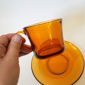 MCM Amber Glass Teacup & Saucer Set by Duralex France, Orange Glass ...
