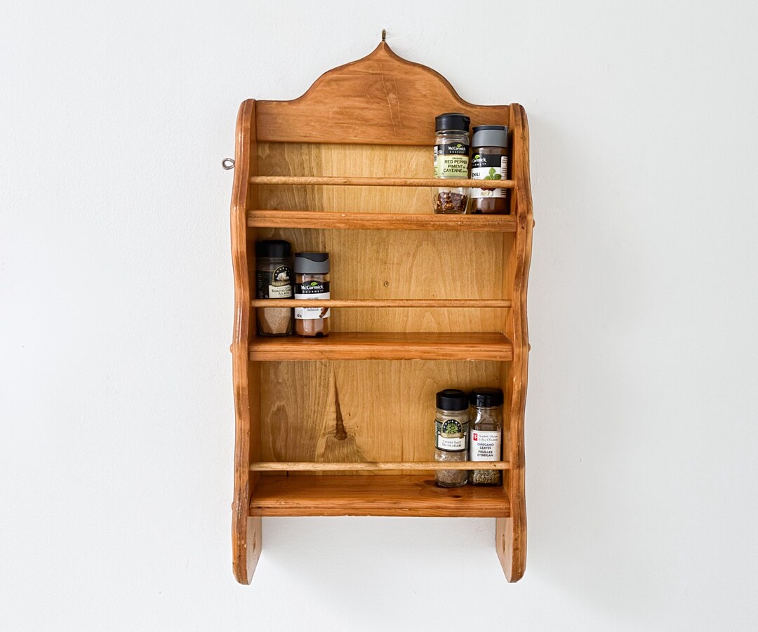 Vtg Wood Spice Rack 3-tier Wall Mounted Open Solid Wood Floating Spice ...