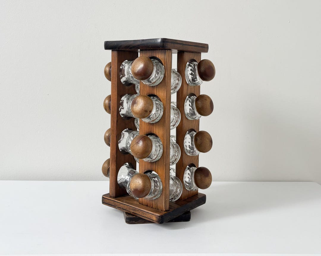 Vtg Rotating Wood Spice Rack W/ Glass Bottles & Faux Bois Caps ...