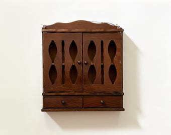 Vtg Wood Spice Cabinet Wall Mounted Solid Wood W/ Drawers & Mesh Metal ...