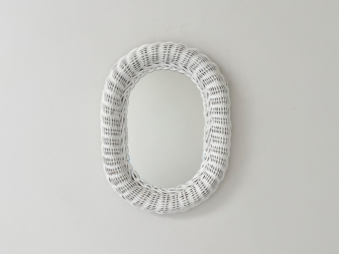 Vtg White Wicker Wall Mirror 1990s Oval Woven Wood Mirror Vertical or ...
