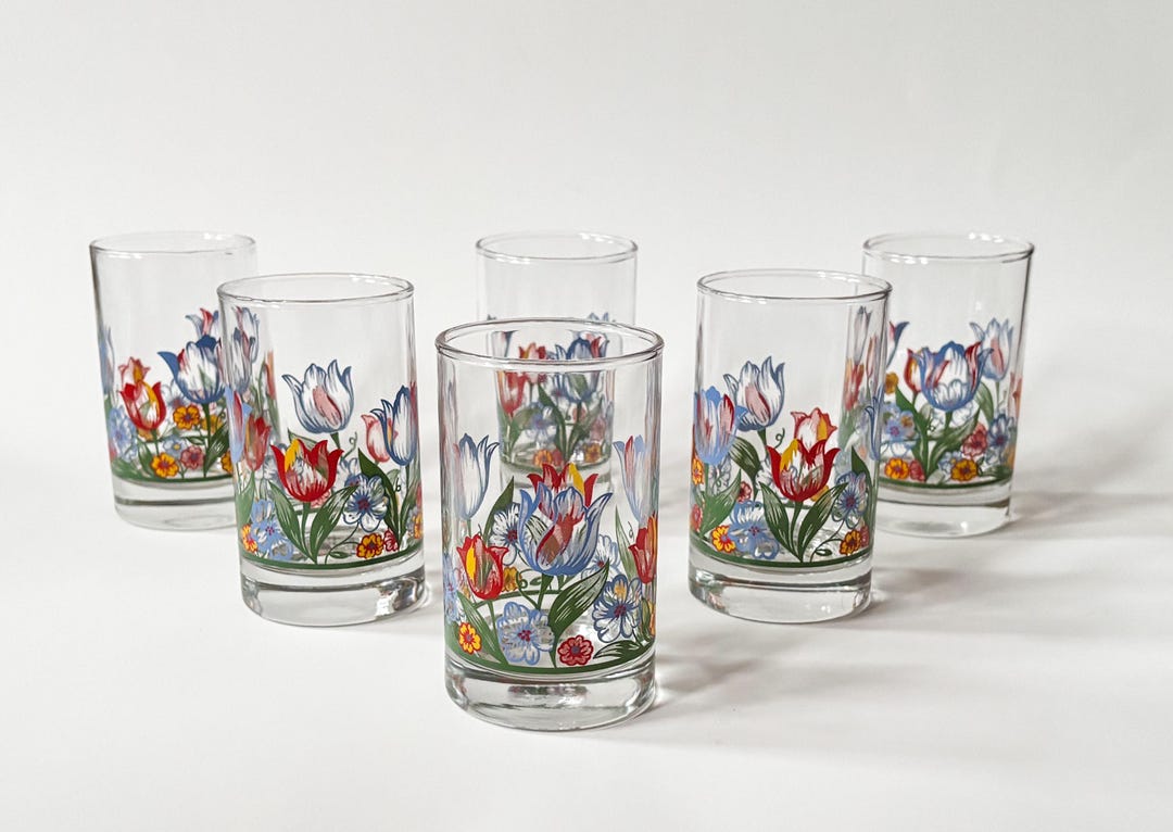 Retro corelle Tulip Juice Glasses fresh Cut Flowers Pattern W/ Primary ...