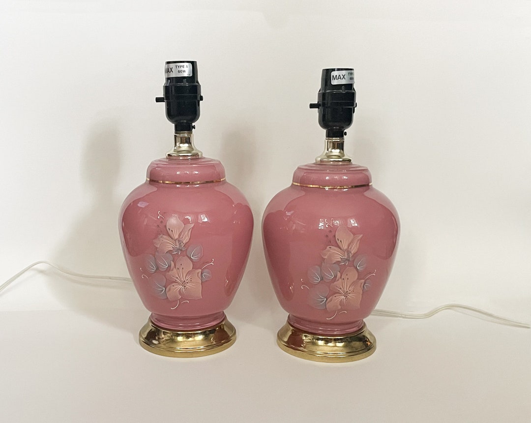 80s/90s Pink Glass Urn Lamps W/ Pink & Purple Floral Design Dusty Rose ...