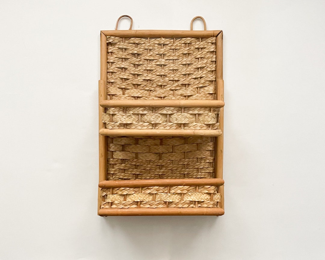 Vtg Floating Straw Shelf 2 Tiers W/ Collapsible Shelves Wall Mounted ...