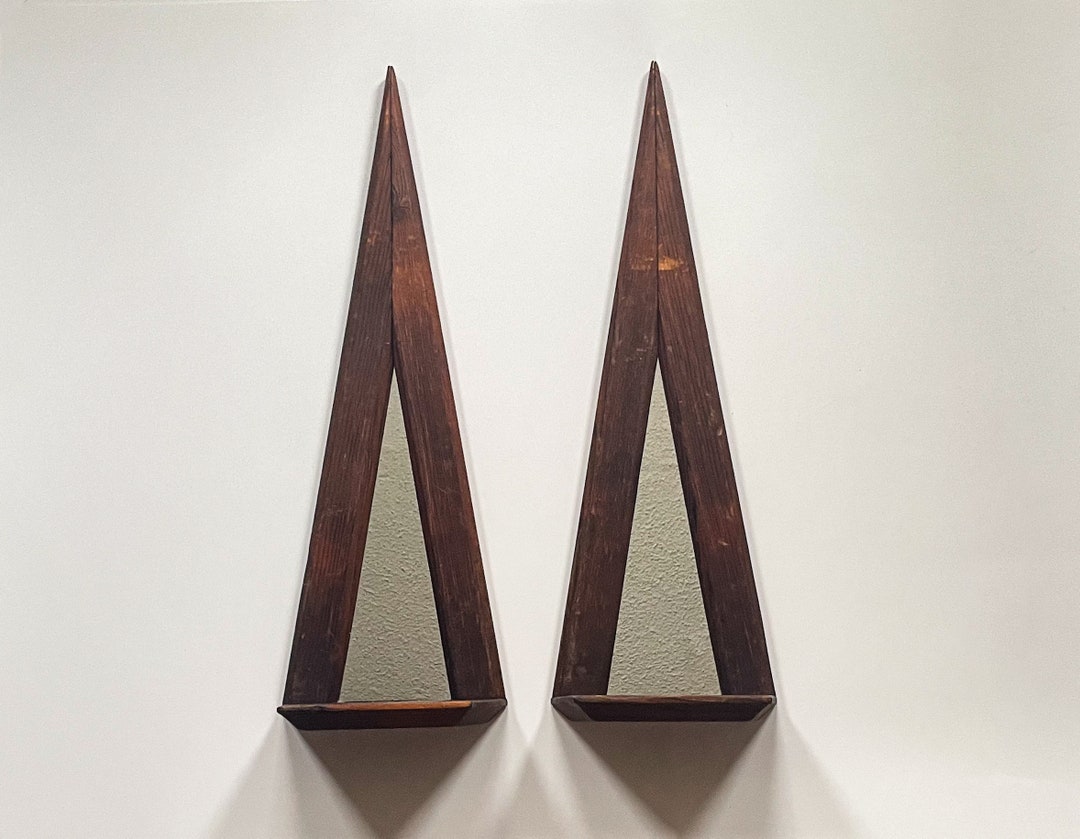 Vtg Mirrored Floating Wood Shelves Tall Triangular Mounts 2pc Set - Etsy