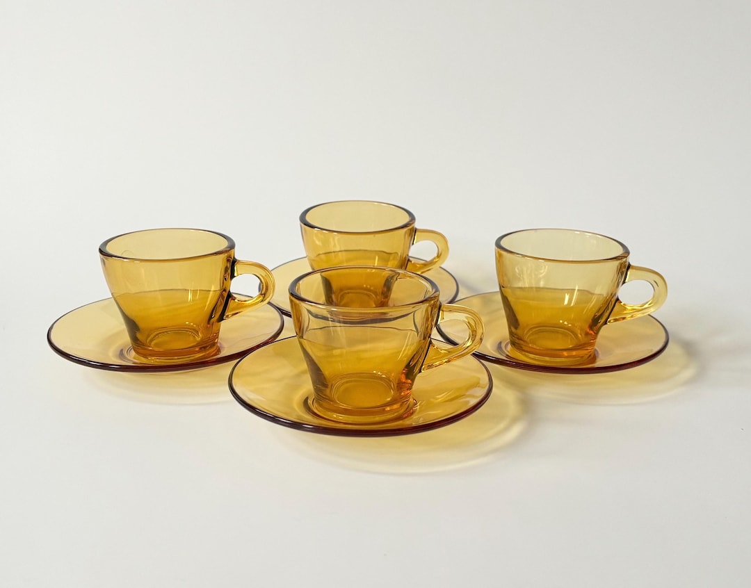 MCM Amber Glass Espresso Cups & Saucers Orange Tempered Glassitalian ...