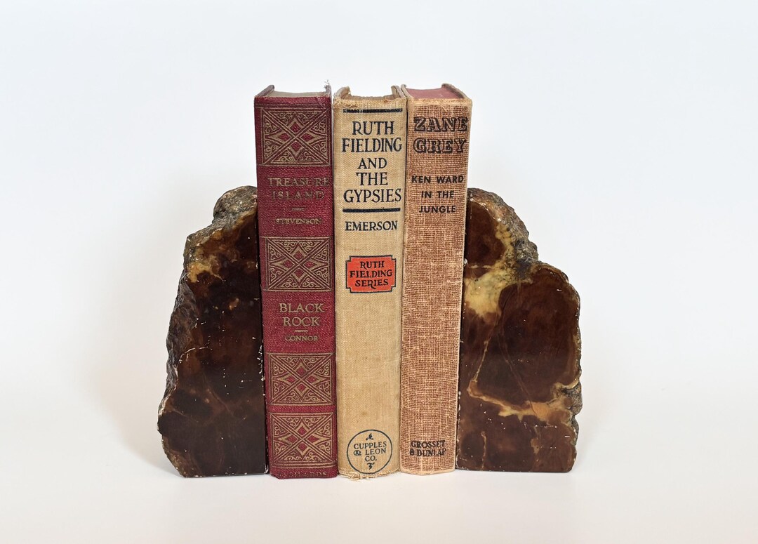 1950s Genuine Brown Alabaster Bookends Cut Polished Rock Bookend Set ...