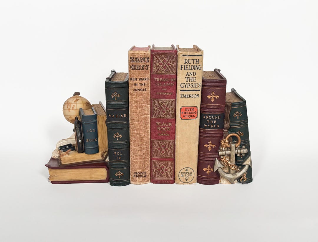 Vtg Seafaring Themed Bookends Resin Antique Book & Explorer Tools 2pc ...