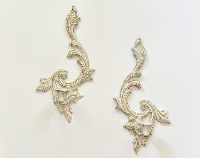 Vtg Durwood Candle Sconce Set Rustic White Colour W/ Flower & Flourish ...
