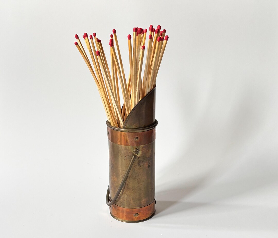 Vtg Matchstick Holder Brass & Copper W/ Handle Gold Metal Fireplace ...