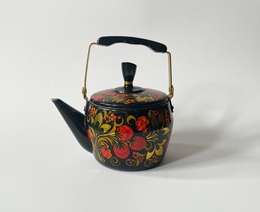 Vtg Aluminum Tea Kettle W/ Steeping Insert Black W/ Red & Gold ...