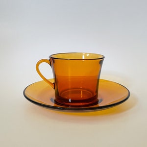 MCM Amber Glass Teacup & Saucer Set by Duralex France, Orange Glass ...