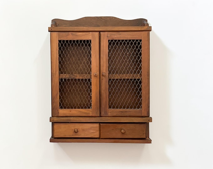 Vtg Wood Spice Cabinet Wall Mounted Solid Wood W/ Drawers & Mesh Metal ...