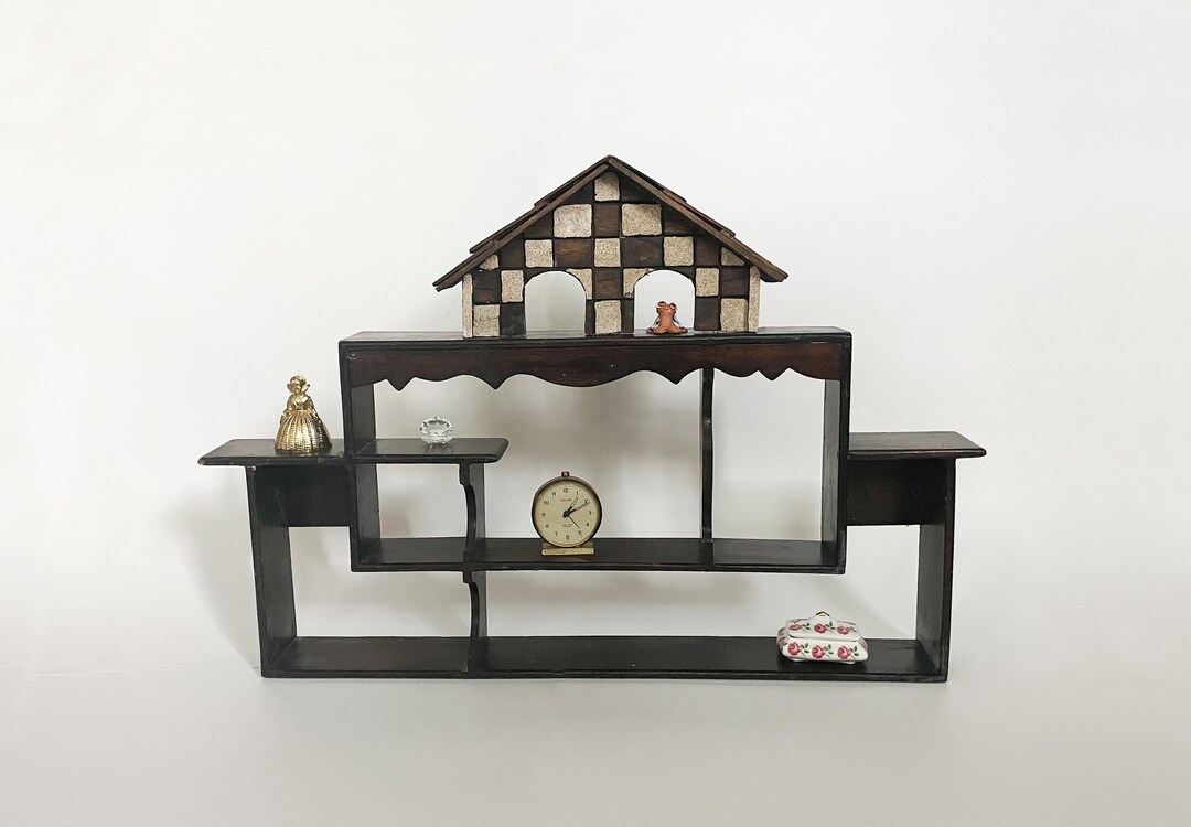 Vtg Wood Trinket Shelf House Shaped W/ Shingled Roof Compartmentalized ...