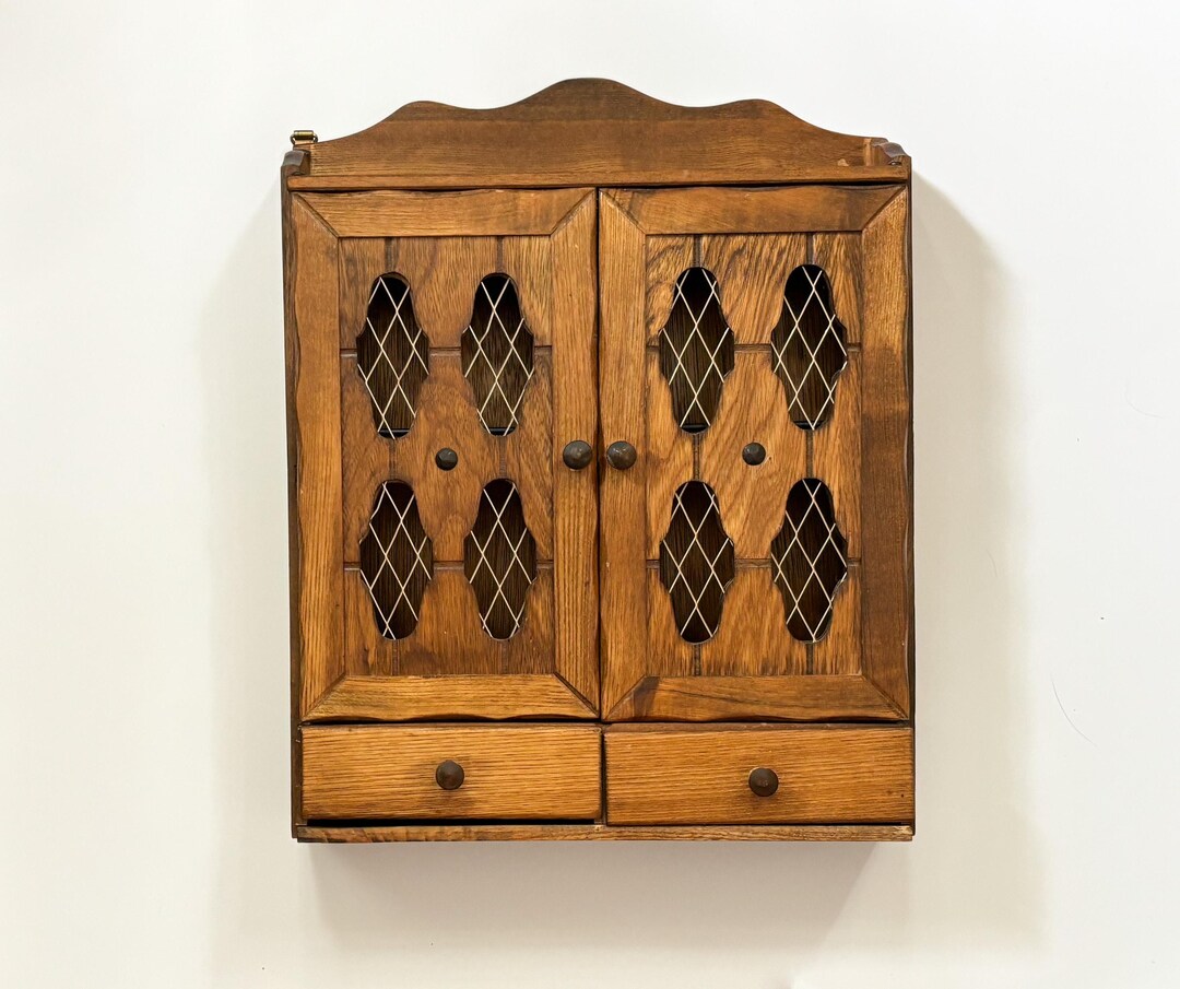Vtg Wood Spice Cabinet Wall Mounted Solid Wood W/ Drawers & Quatrefoil ...