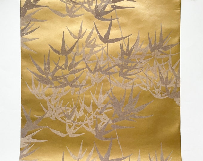 70s Flock Leaf Wallpaper Roll Gold W/ Taupe Velvet Bamboo Leaf Pattern ...
