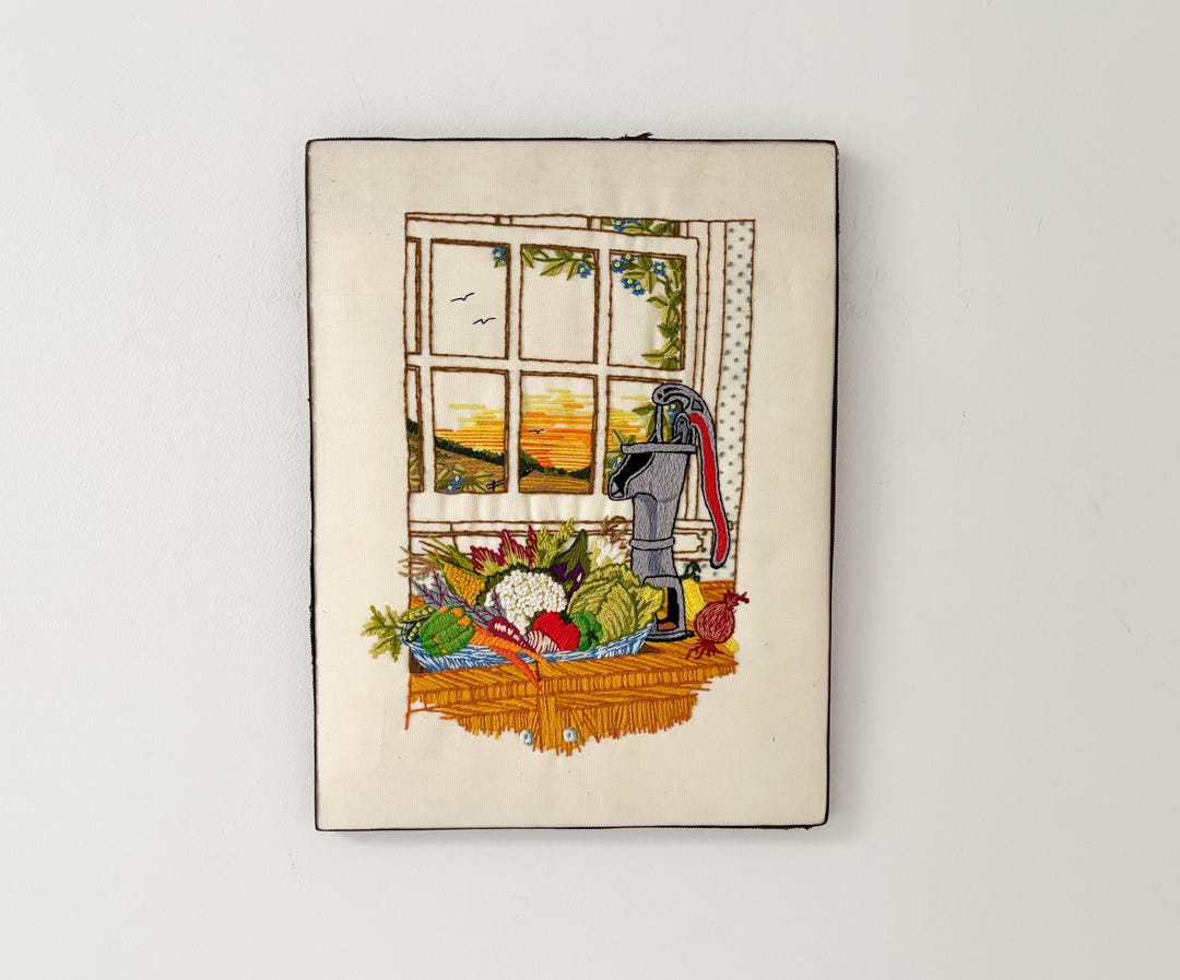 Retro Scenic Farmhouse Crewel Vegetables & Sunset Landscape Colourful ...