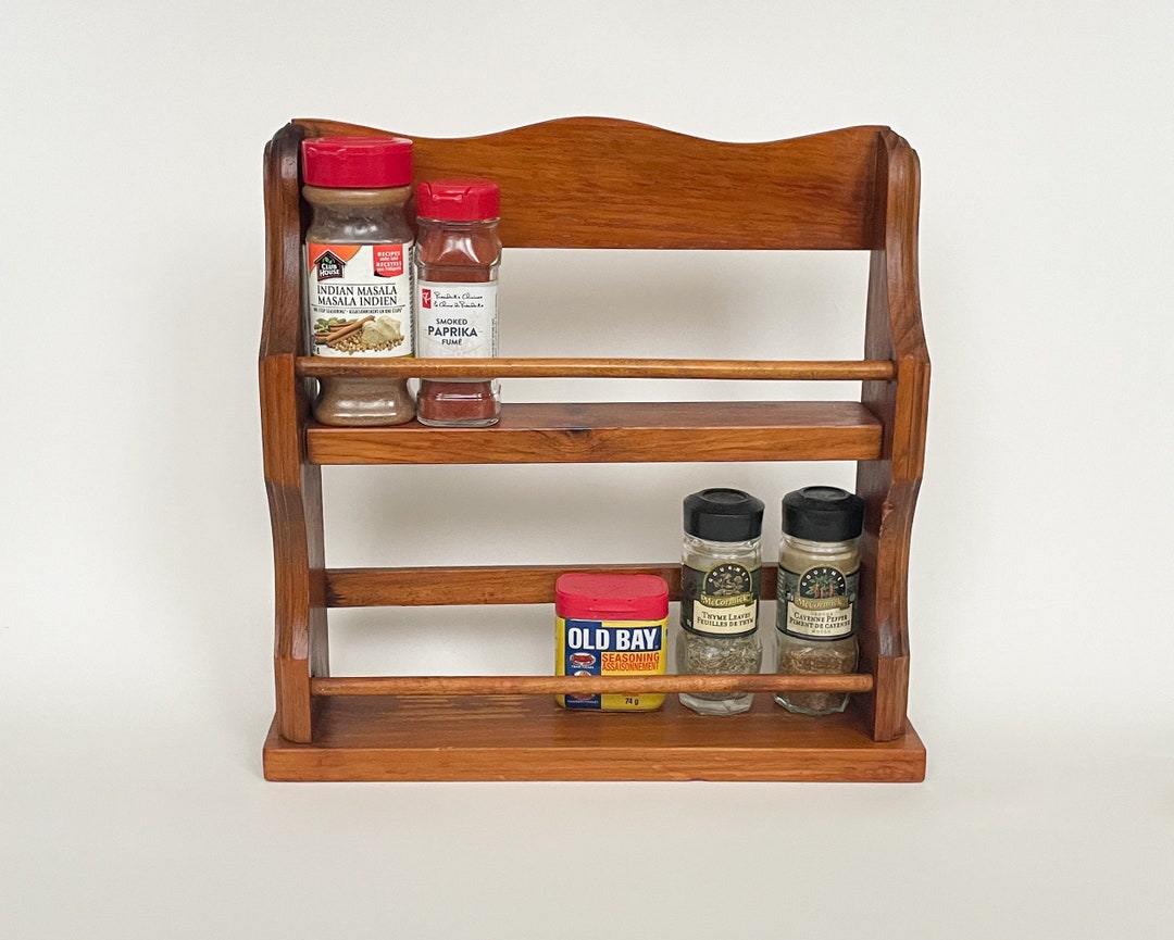Vtg Wood Spice Rack 2-tier Wall Mounted Solid Wood Spice Storage Shelf ...