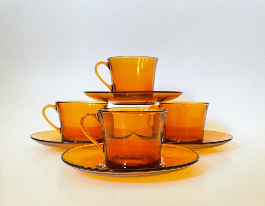 MCM Amber Glass Teacup & Saucer Set by Duralex France, Orange Glass ...