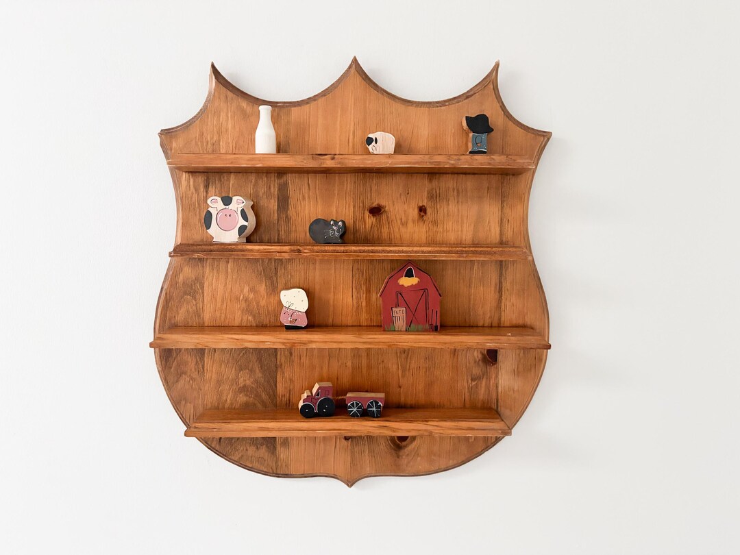 Vtg Wood Trinket Shelf W/ Shield Shaped Mount & 4 Narrow Shelves for ...