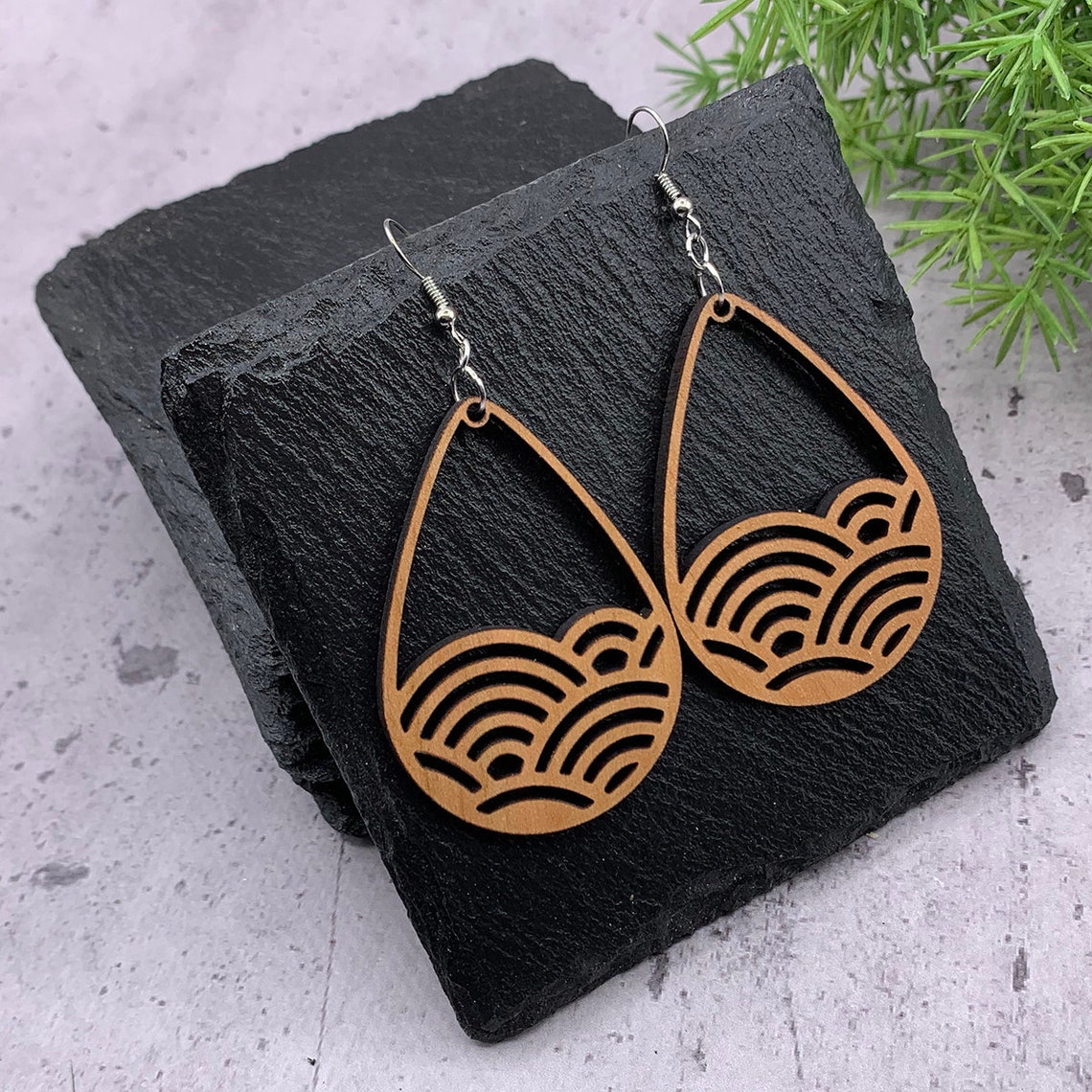 Waves Earrings | Laser-cut Cherry Wood Earrings, Gifts for Her ...
