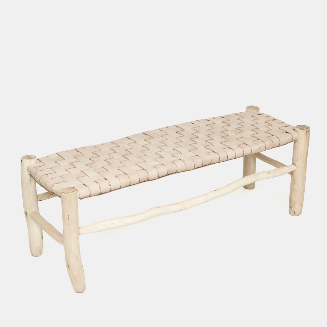 Moroccan Bench With Leather Straps - Rustic Boho Style, Handmade ...