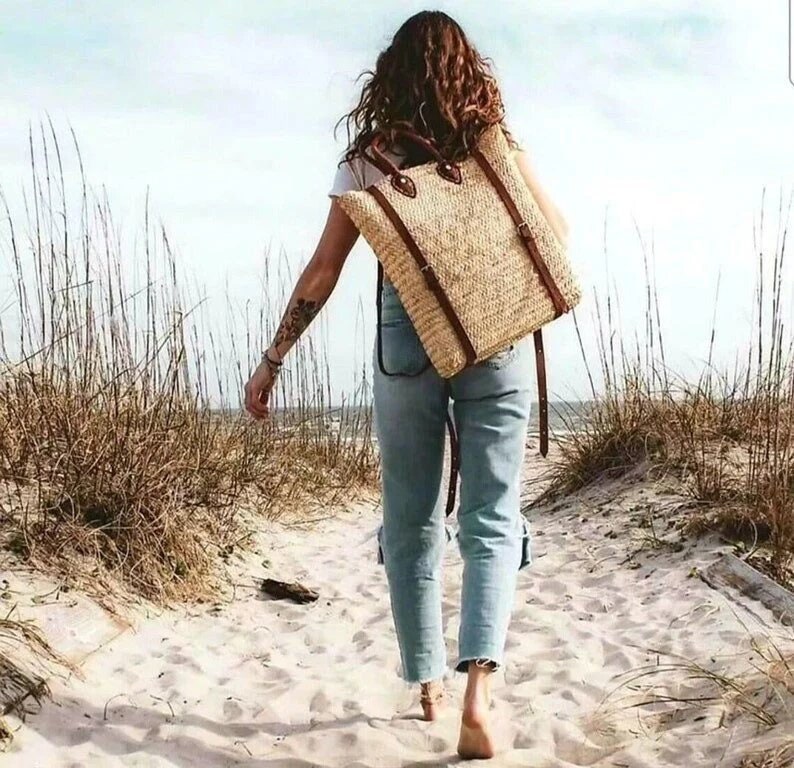 Leather Straw Backpack - Etsy