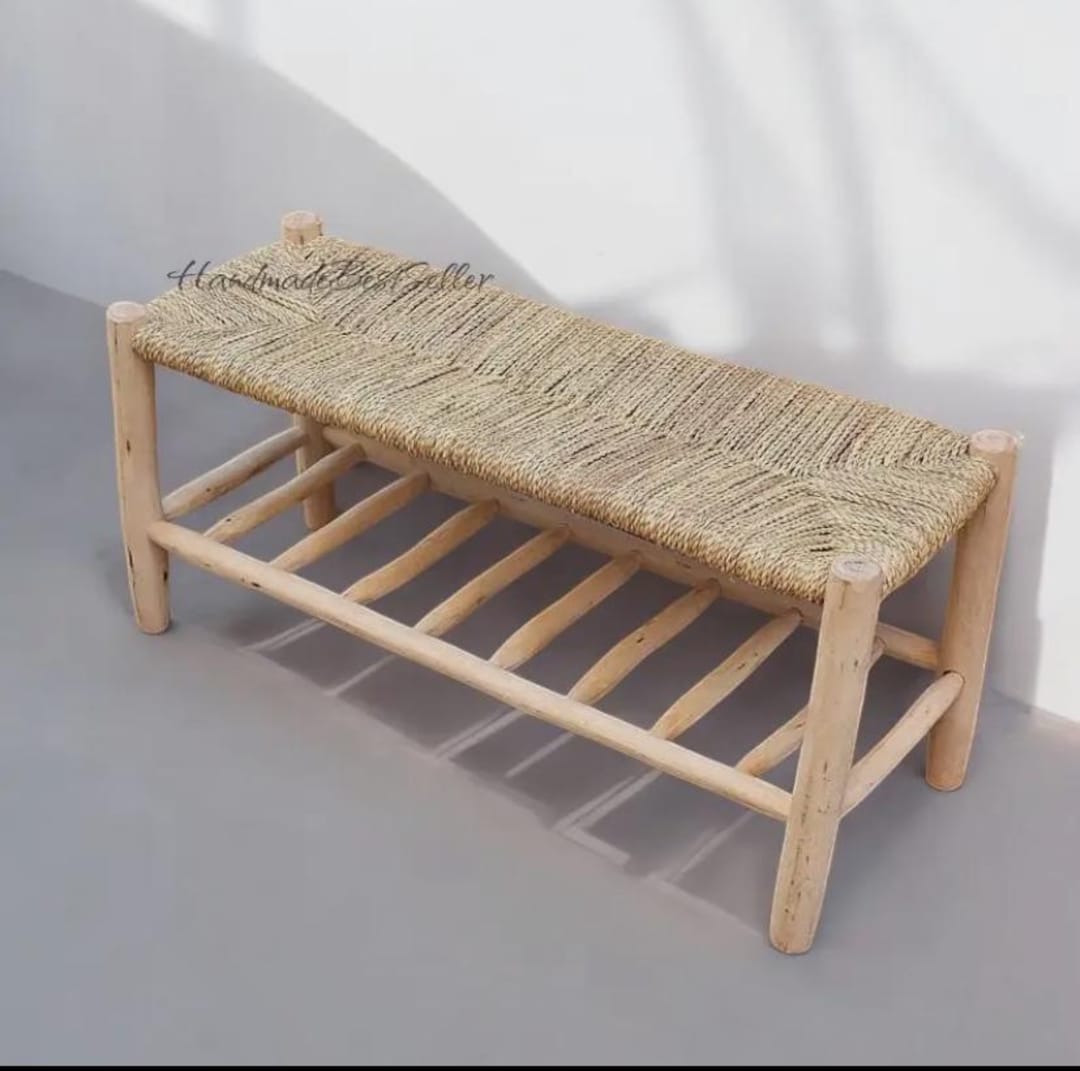 Moroccan Bench With Handwoven Palm Leaf Cord - Rustic Boho Style ...