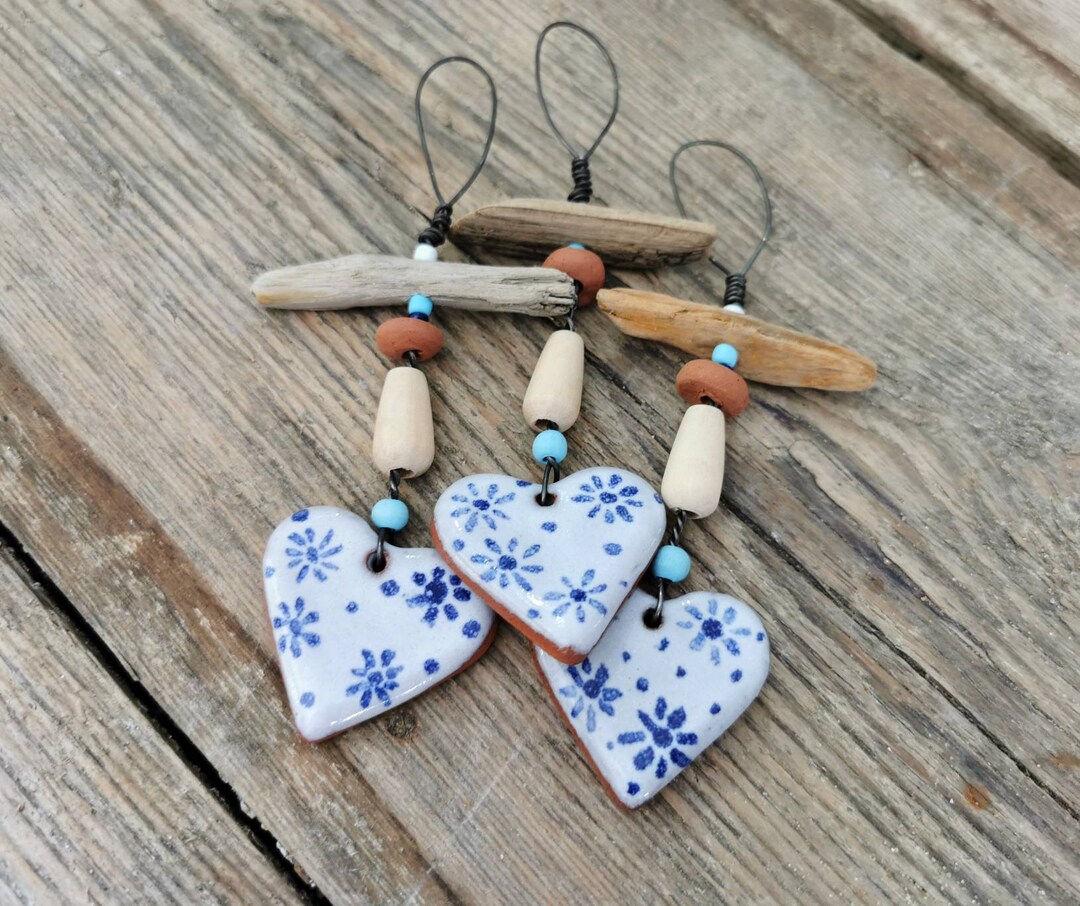 Blue and White; Small Handmade Boho Gift; Pottery; Ceramic; Love Heart ...