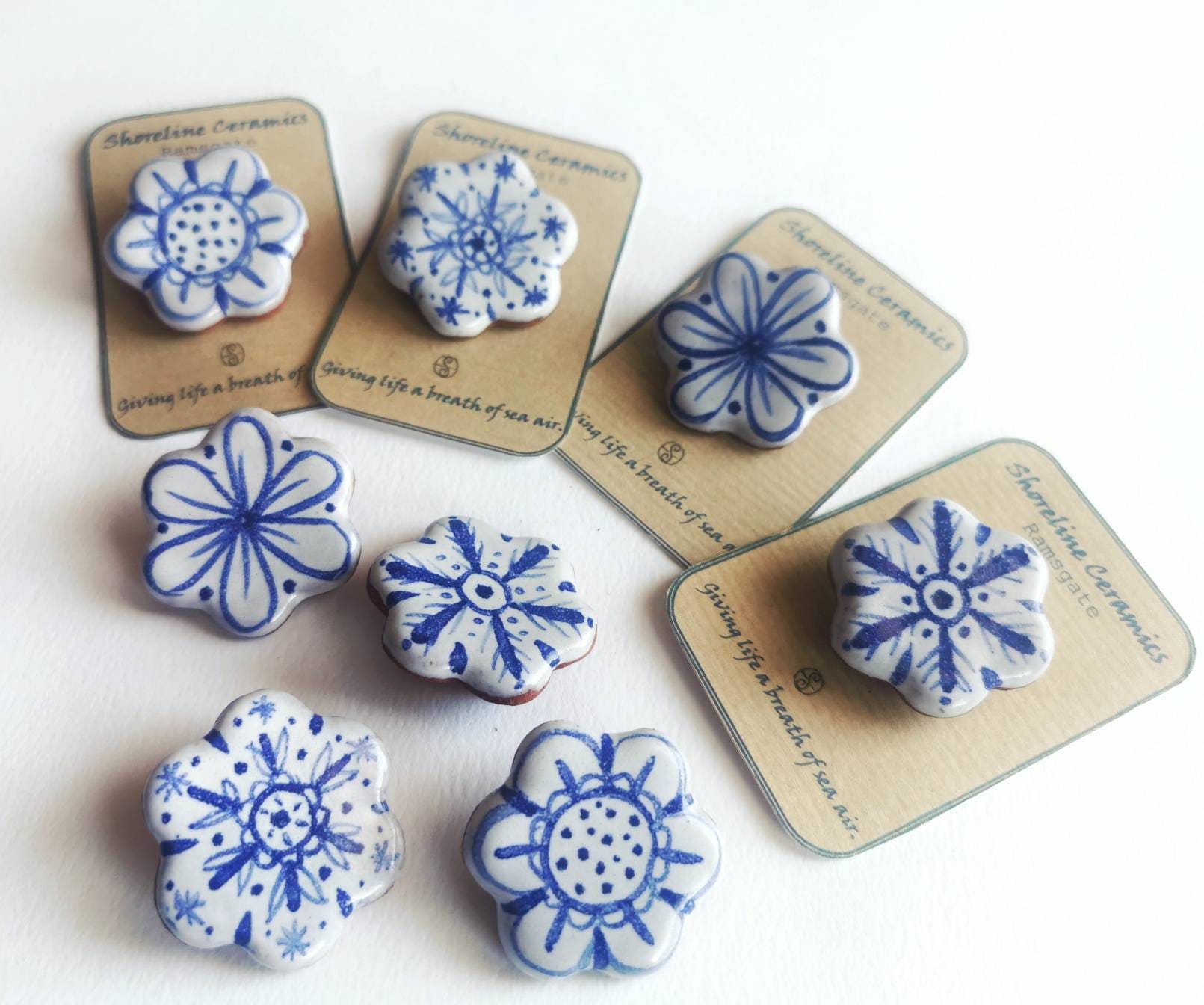 Handmade Ceramic Flower Brooch; Blue and White Pottery; Floral Badge ...
