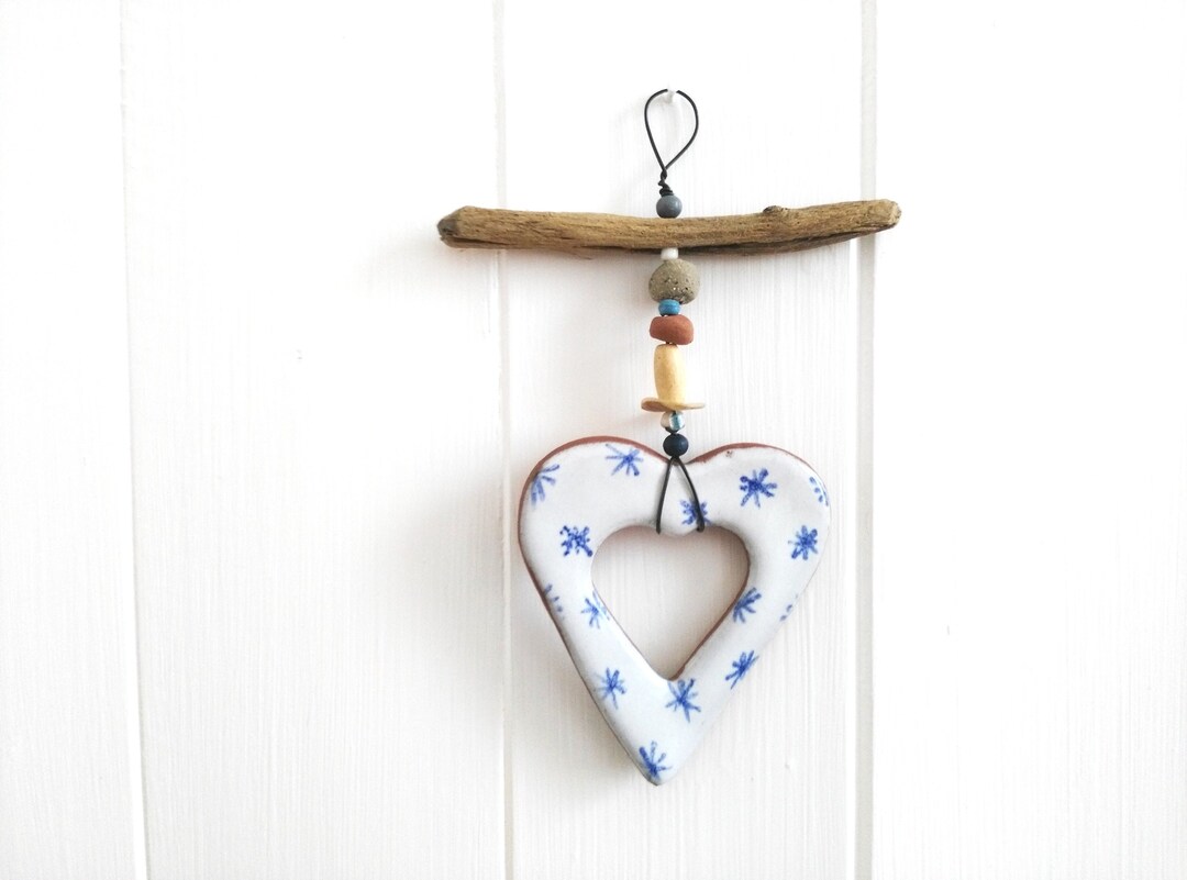 Boho Blue and White Pottery; Ceramic Heart; Hanger; Driftwood Ornament ...