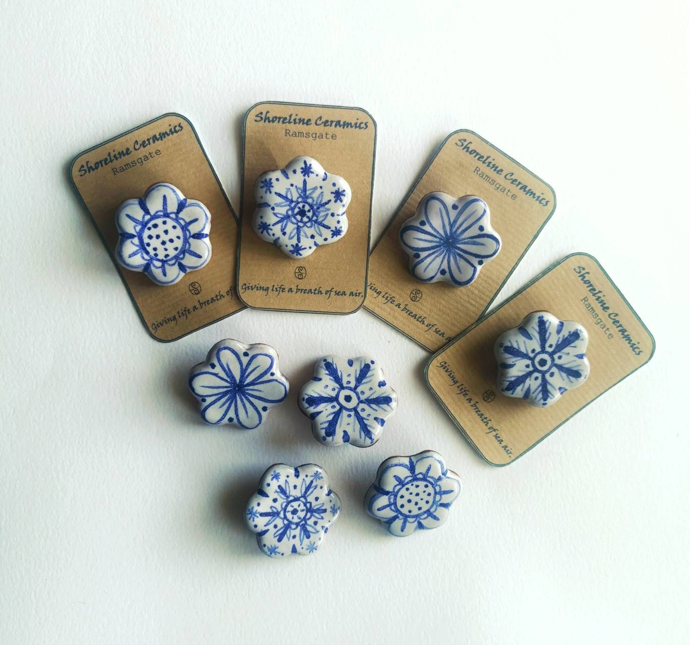 Handmade ceramic flower brooch blue and white pottery floral | Etsy