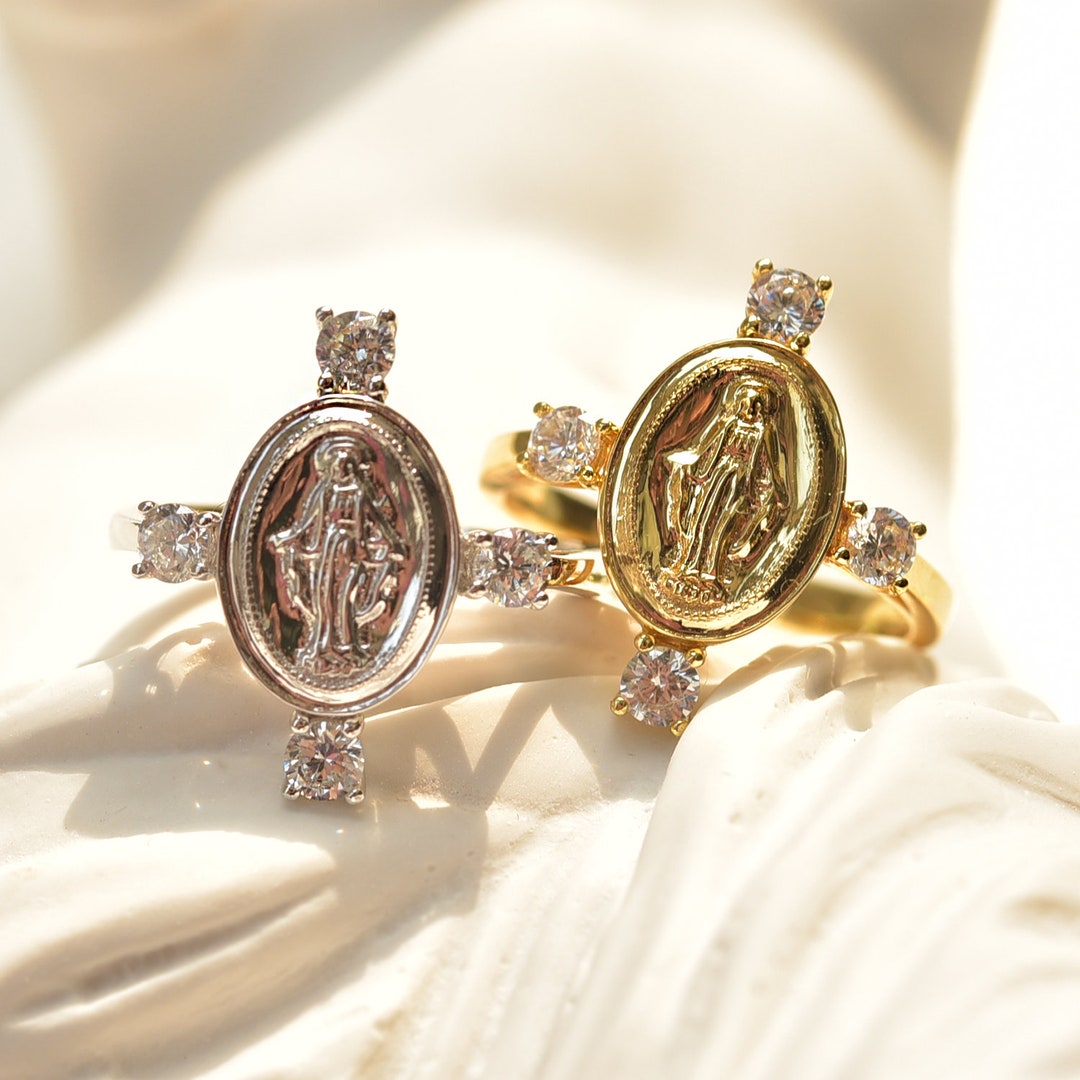 Virgin Mary Ring CZ Diamond Ring Gold Religious Medallion Ring Mother ...