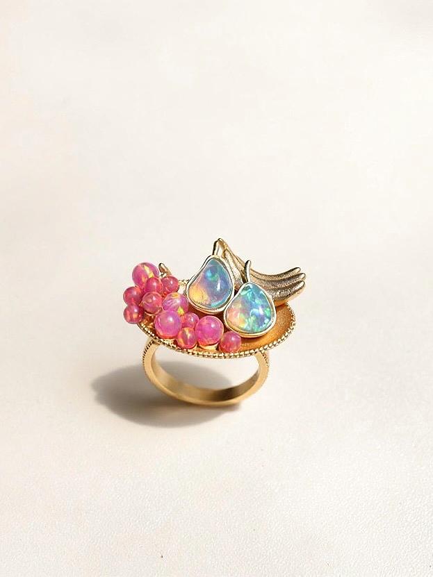Whimsical Opal Fruit Platter Ring, Gold Banana Bunch, Purple Grape ...