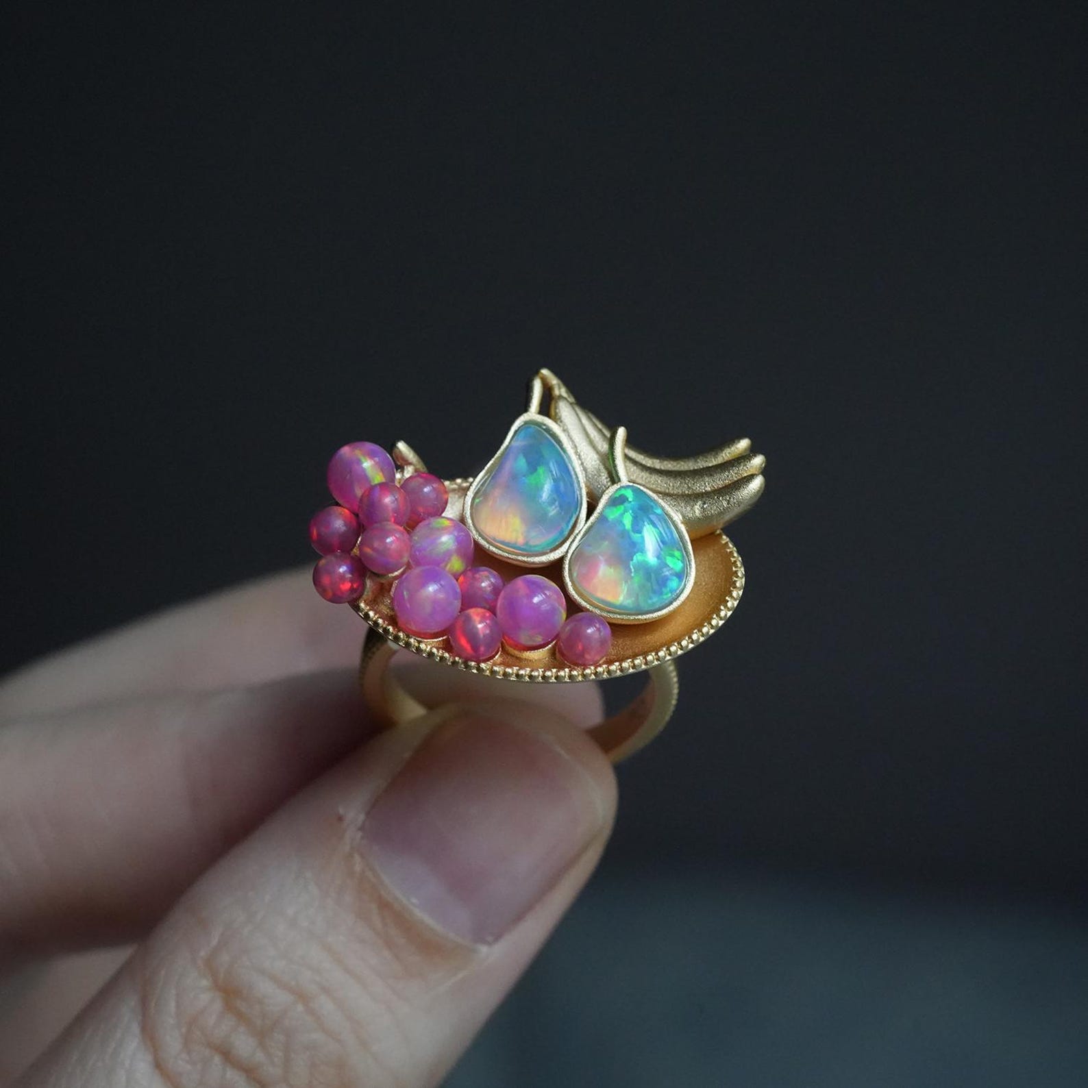 Whimsical Opal Fruit Platter Ring, Gold Banana Bunch, Purple Grape ...