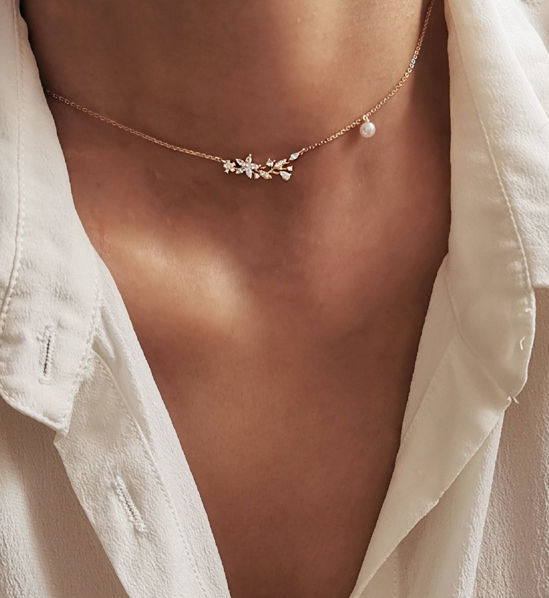 Blooms Necklace, Flower Necklace, CZ Flower Necklace, Simple Gold ...