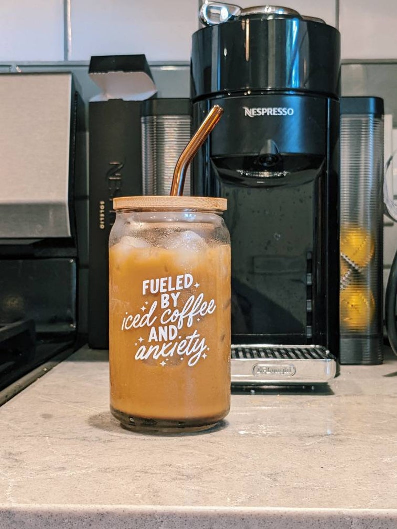 Fueled by Iced Coffee 16 Oz. Glass Cup // Coffee Addict Iced - Etsy