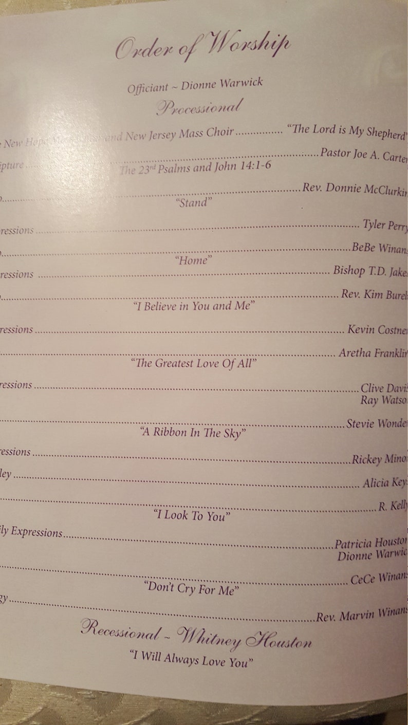 Whitney Houston Funeral Celebration of Life Program newark, New Jersey ...