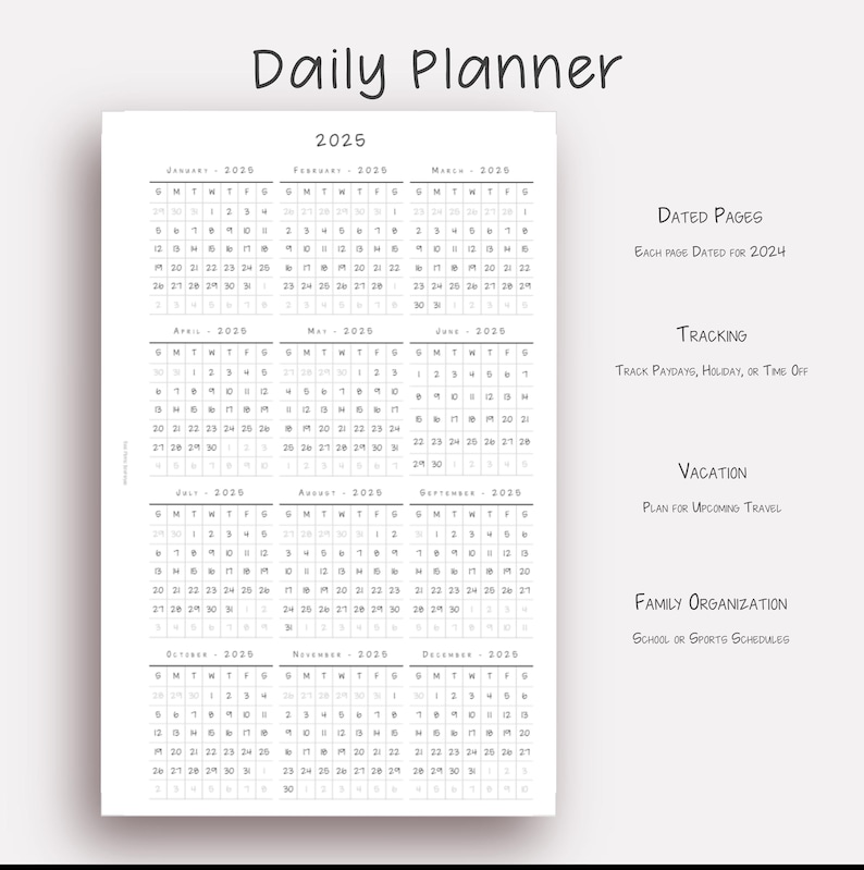 Half Letter 2025 Printable Year at a Glance Planner Insert Monday ...