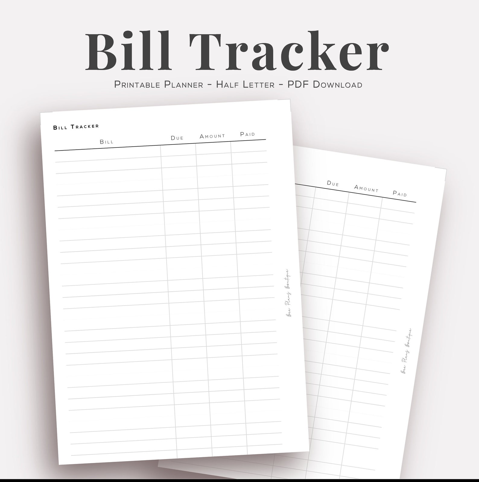 Half Letter Bill Tracker Printable Bill Tracker Printable Budget ...