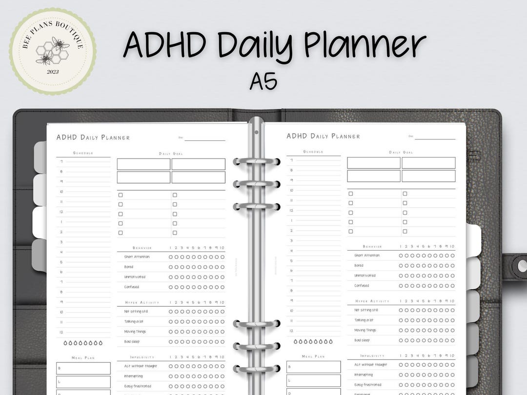 A5 ADHD Daily Planner Printable PDF Focus & Behavior Tracker Hourly ...